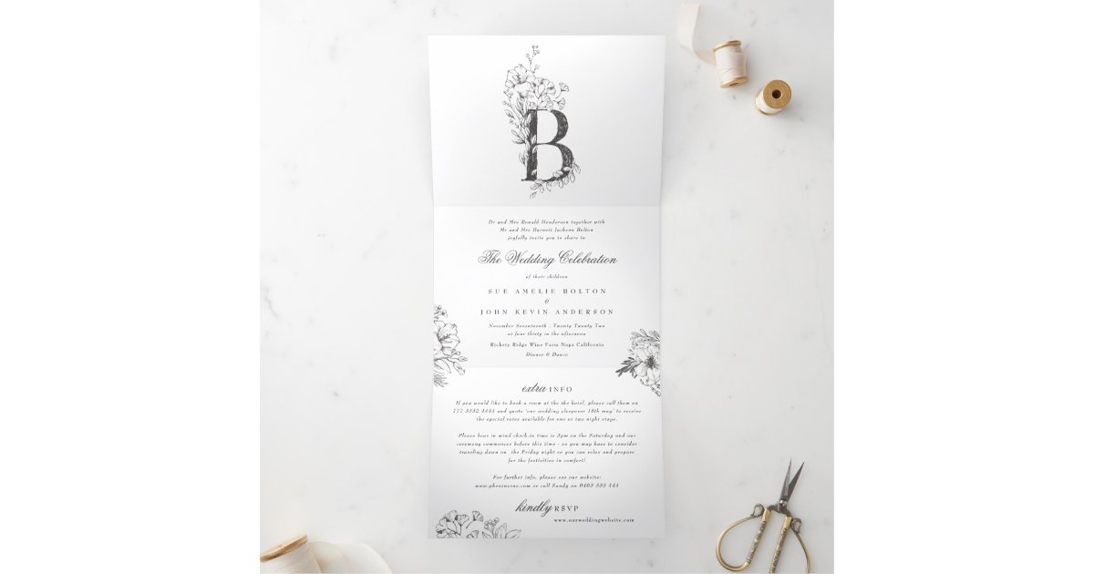 'B' Monogram Beautiful Sketched Floral Wedding Tri-Fold Invitation | Zazzle