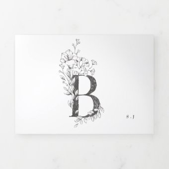 'B' Monogram Beautiful Sketched Floral Wedding Tri-Fold Invitation | Zazzle