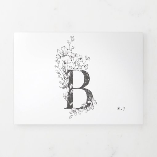 'B' Monogram Beautiful Sketched Floral Wedding Tri-Fold Invitation | Zazzle