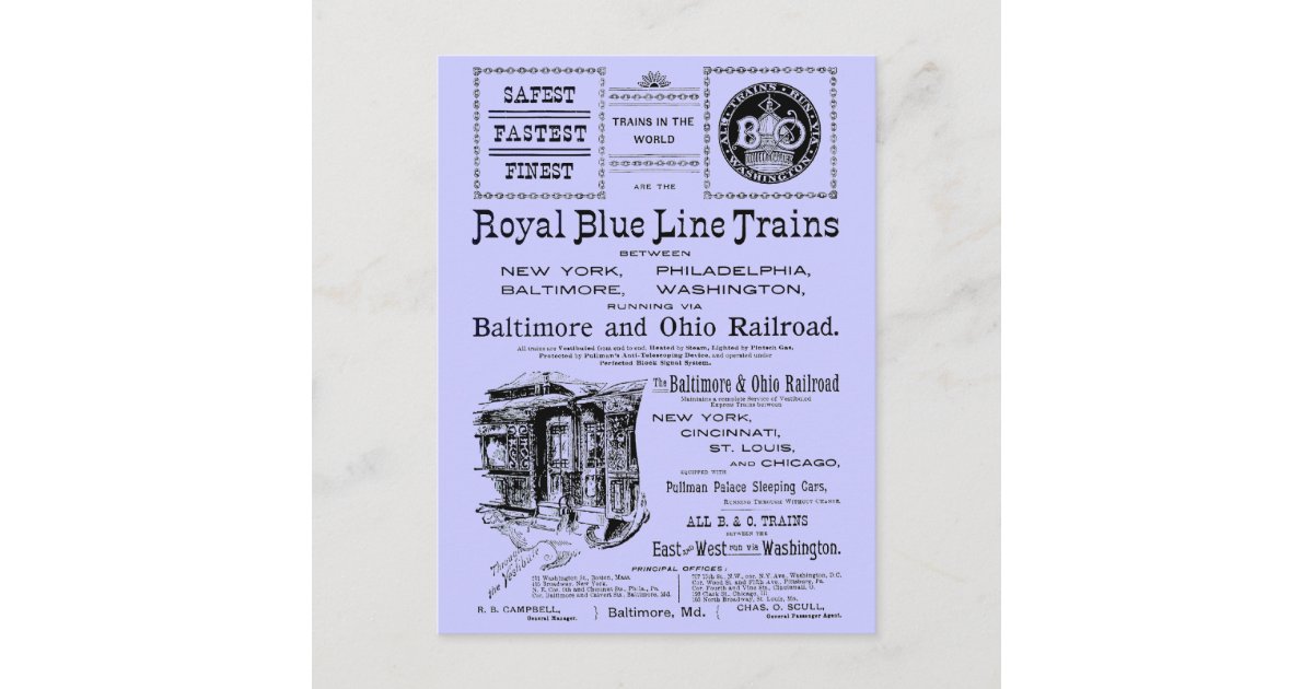 B+O Royal Blue Line Trains 1910 Postcard | Zazzle