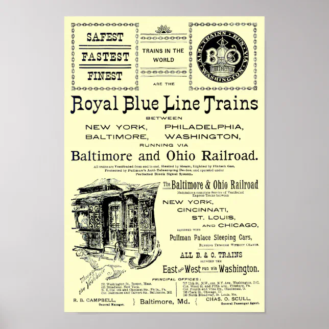 B+O Royal Blue Line Trains 1910 Poster | Zazzle