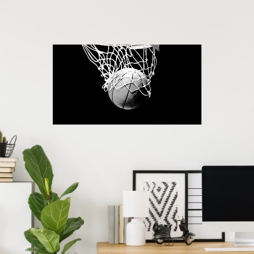 B&W Basketball Ball & Net Print Poster | Zazzle