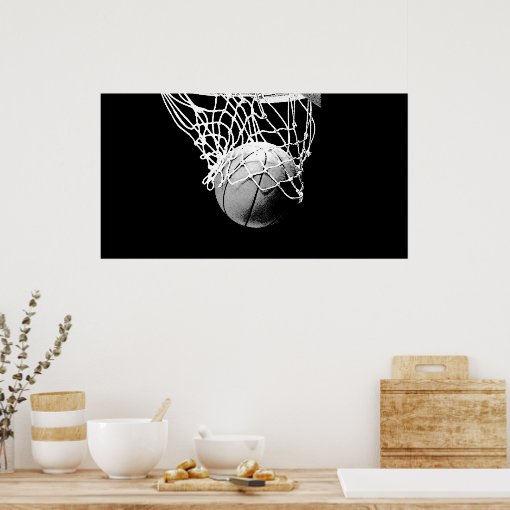 B&W Basketball Ball & Net Print Poster | Zazzle