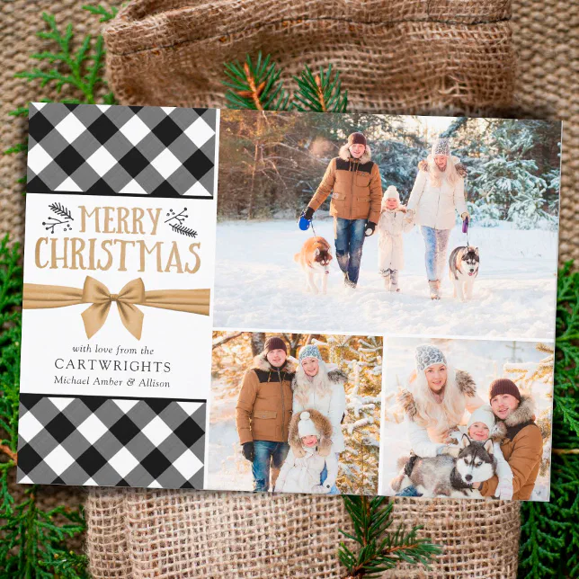 B&W Buffalo Check Gold Brown MERRY CHRISTMAS Holiday Card | Zazzle