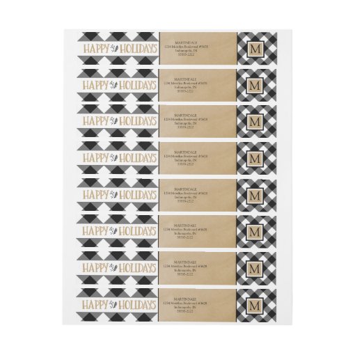 B&W Buffalo Check Monogram HAPPY HOLIDAYS Wrap Around Label | Zazzle
