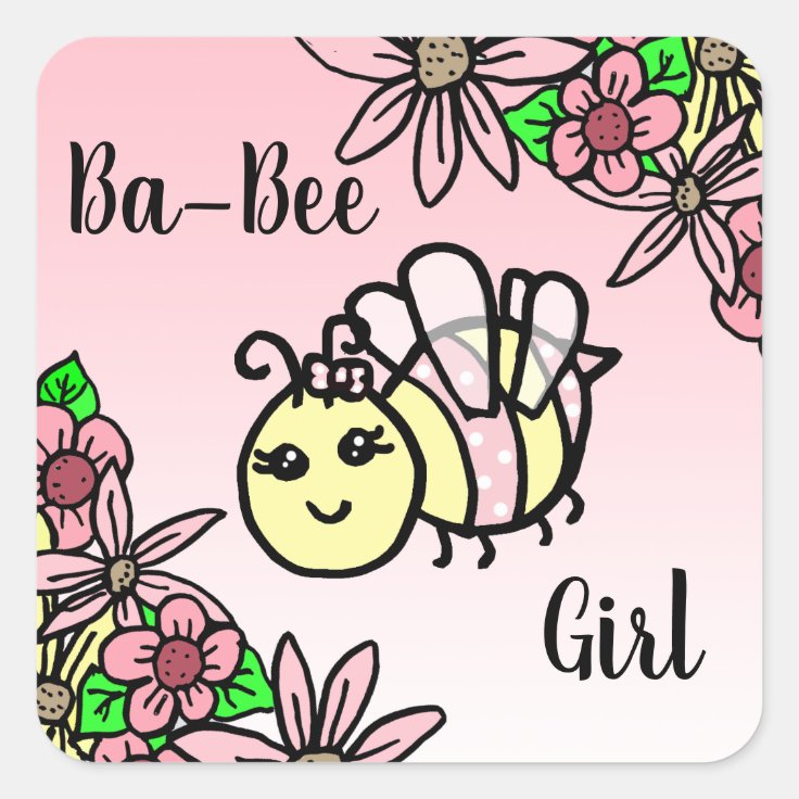 Ba-Bee Girl Honey Bee and Flowers Baby Shower Square Sticker | Zazzle