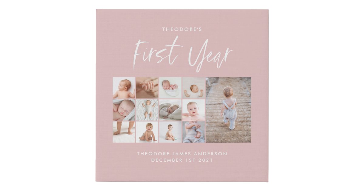 Babies first year photo collage script pink modern faux canvas print ...