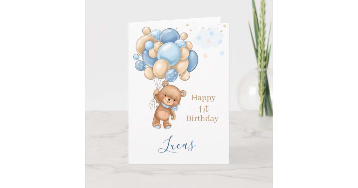 Baby 1st Birthday Teddy Bear Blue Balloons Card | Zazzle
