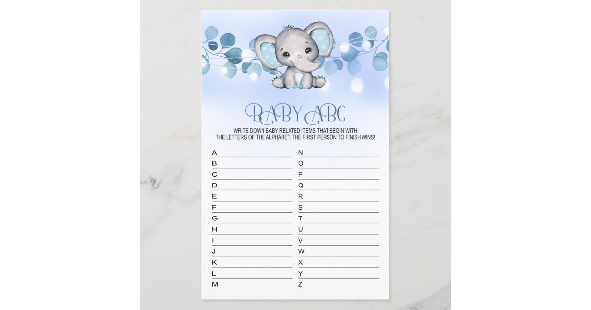 Baby ABC Baby Shower Game BLUE ELEPHANT | Zazzle