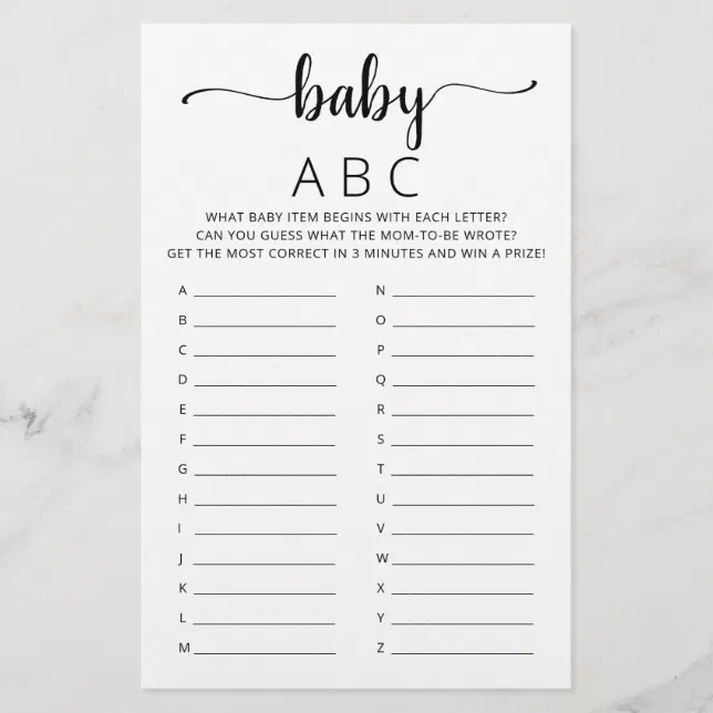 Baby ABC game Baby Shower party Alphabet game | Zazzle