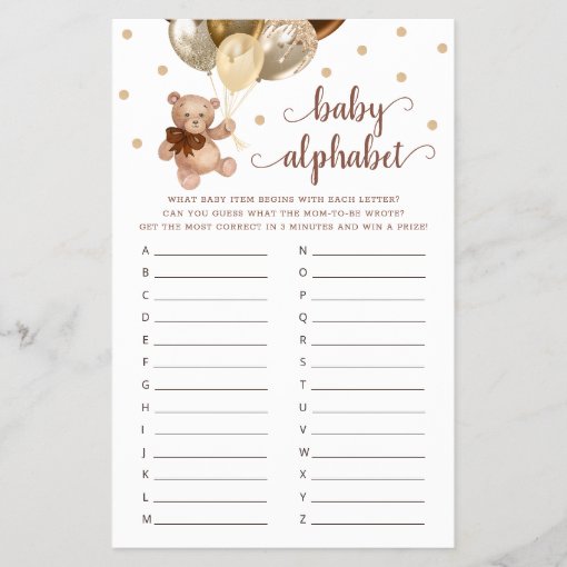 Baby Alphabet ABC Game Baby Shower Teddy Bear | Zazzle