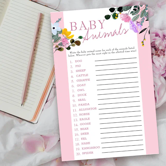 Baby Animal Name Game Wildflower Baby Shower Quiz | Zazzle