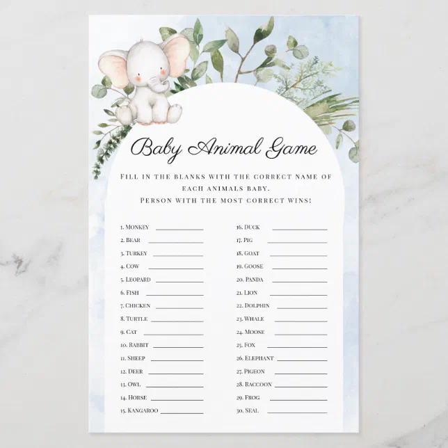 Baby Animals Boy Blue Elephant Baby Shower Game | Zazzle