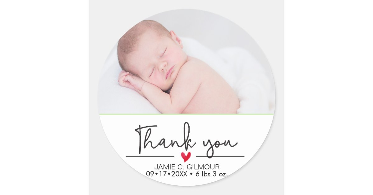 Baby Announcement, Thank you, Script Classic Round Sticker | Zazzle