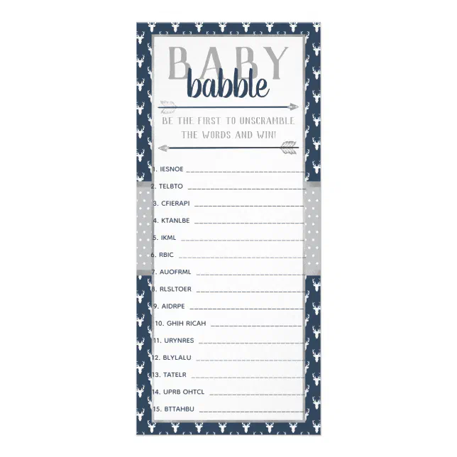 Baby Babble Word Scramble, Baby Shower, Navy, Gray Rack Card | Zazzle