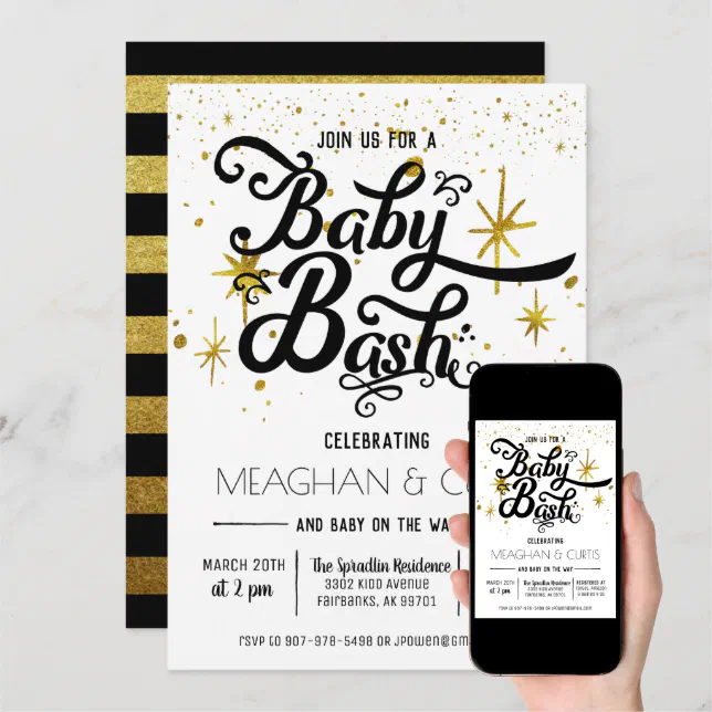 Baby Bash Invitation | Black, White & Gold | Zazzle
