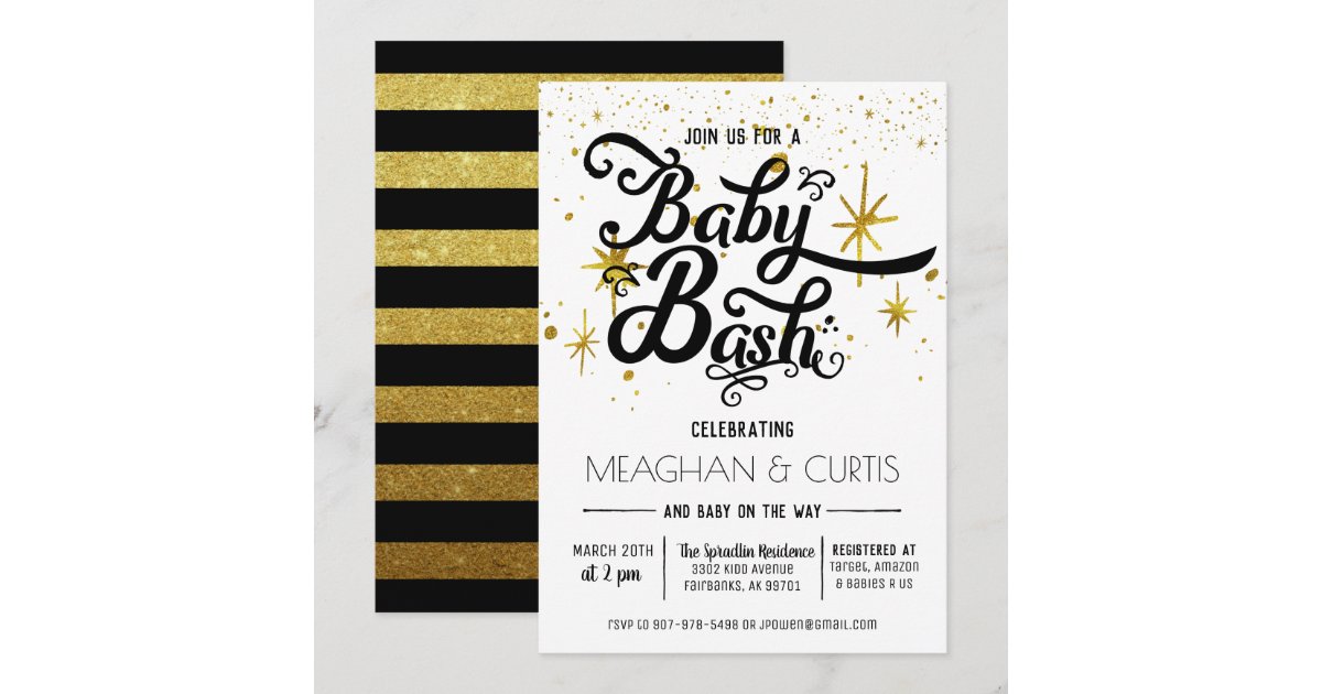 Baby Bash Invitation | Black, White & Gold | Zazzle