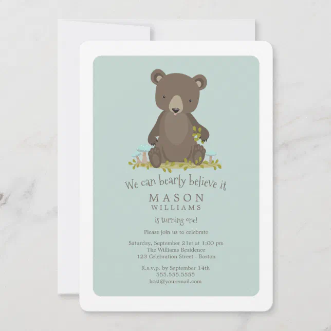 Baby Bear Cub Animal Theme Birthday Party Invitation | Zazzle