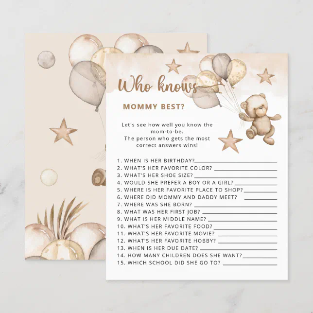 Baby bear Who knows mommy best baby shower game | Zazzle