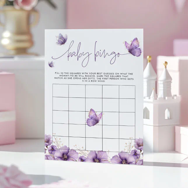 Baby Bingo Purple butterfly Baby Shower Game Card | Zazzle