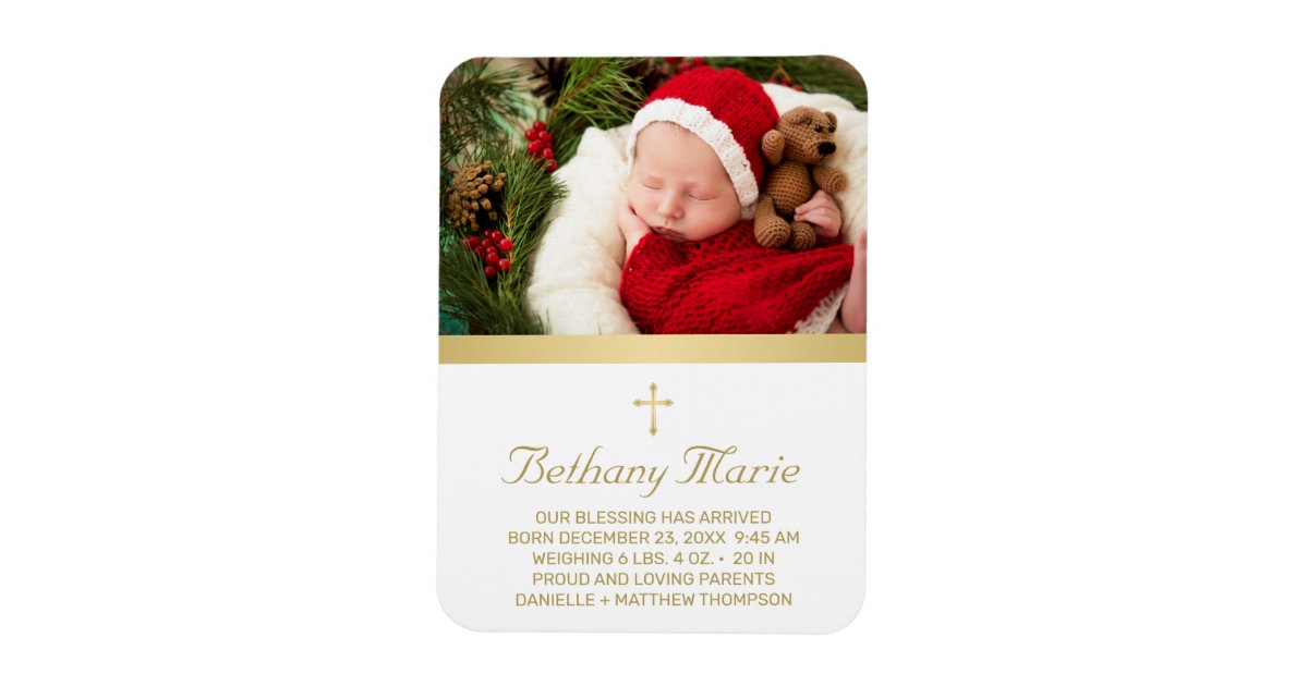 Baby Birth Christian Gold Cross Script Photo Magnet | Zazzle