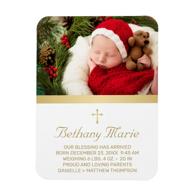 Baby Birth Christian Gold Cross Script Photo Magnet | Zazzle