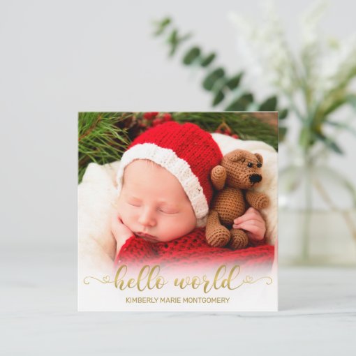 Baby Birth Hello World Gold Script w/ Hearts Photo Holiday Card | Zazzle
