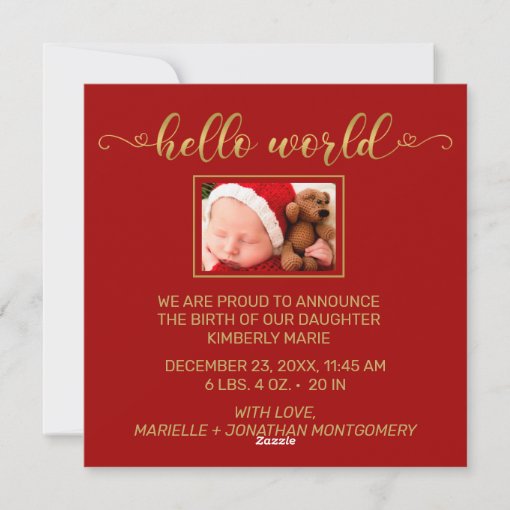 Baby Birth Hello World Gold Script w/ Hearts Photo Holiday Card | Zazzle