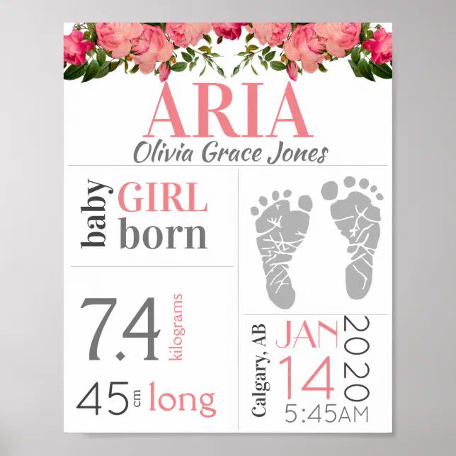 Baby Birth Stat Sign Pink Floral Footprint | Zazzle