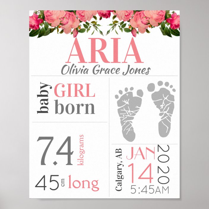 Baby Birth Stat Sign Pink Floral Footprint | Zazzle.com