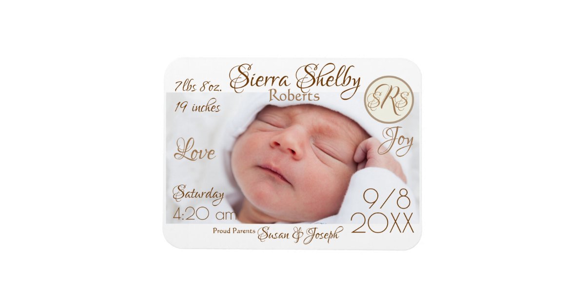 Baby Birth Stats & Photo Monogram Custom Keepsake Magnet | Zazzle