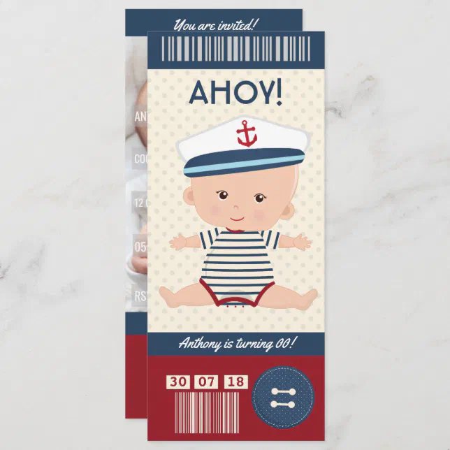 Baby Birthday Nautical Boarding Pass Ticket photo Invitation | Zazzle