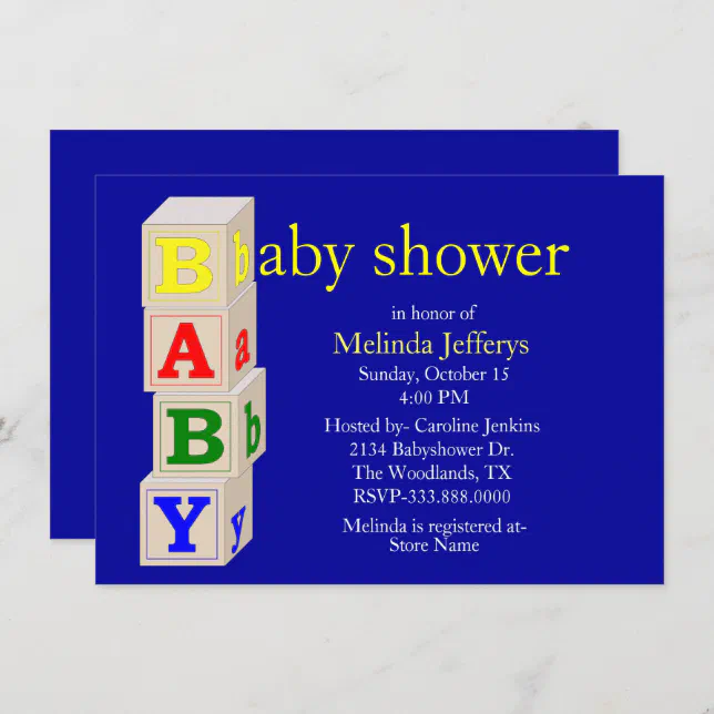 Baby Blocks Custom Blue Baby Shower Invitation | Zazzle