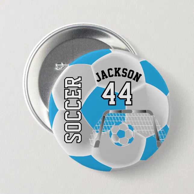 Baby Blue and White Personalize Soccer Ball Button | Zazzle