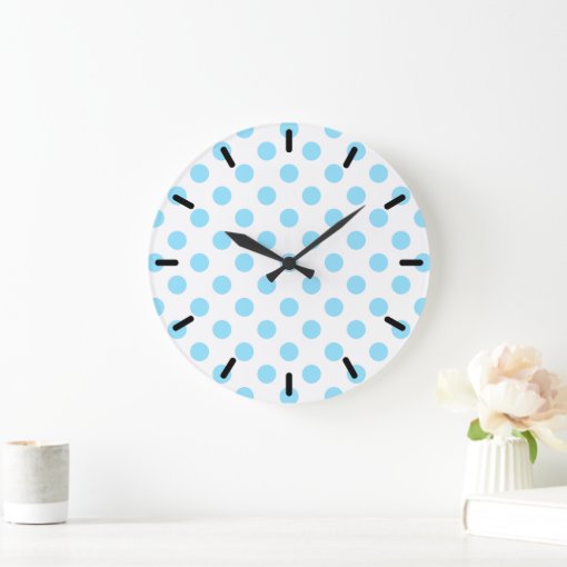 Baby blue and white polka dots large clock | Zazzle