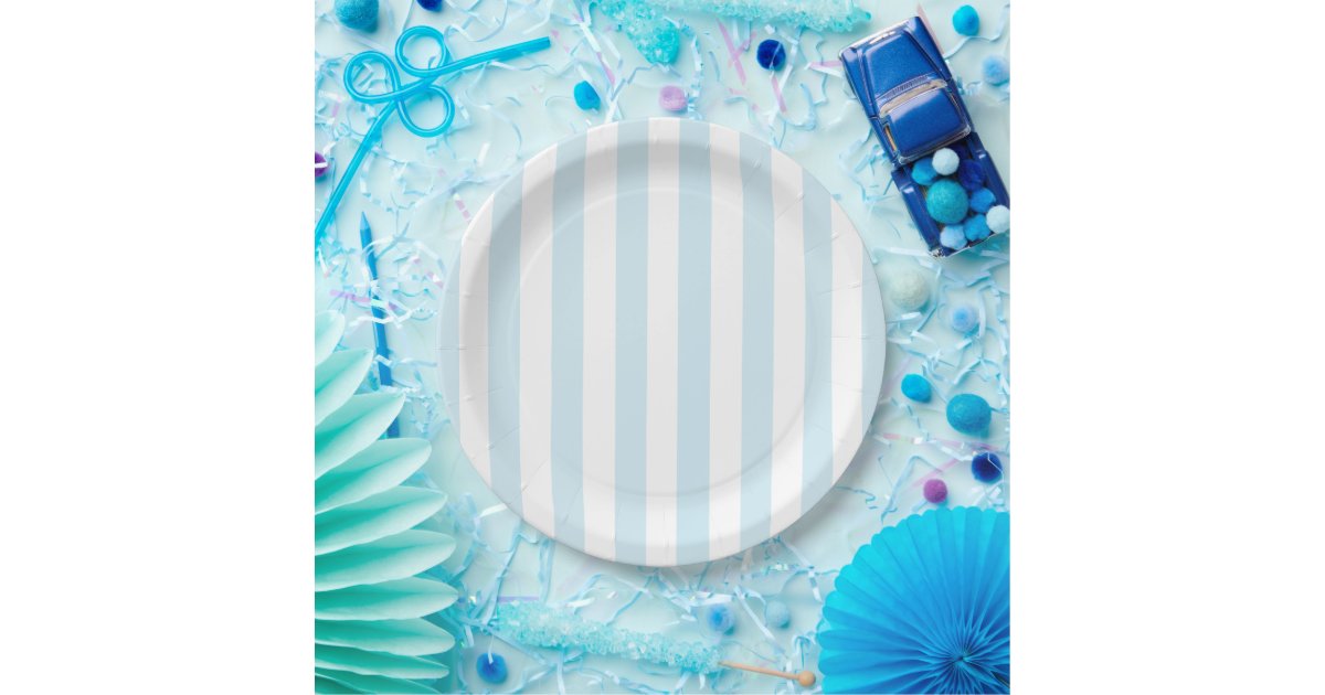Baby blue and white striped paper plates | Zazzle