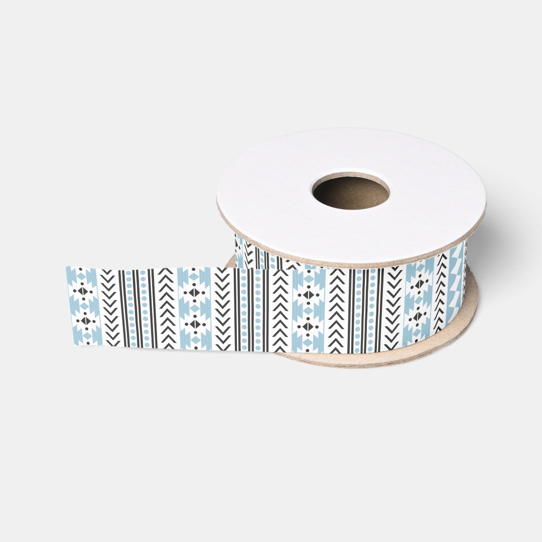 Baby Blue ,Black White Aztec Tribal Print Grosgrain Ribbon | Zazzle