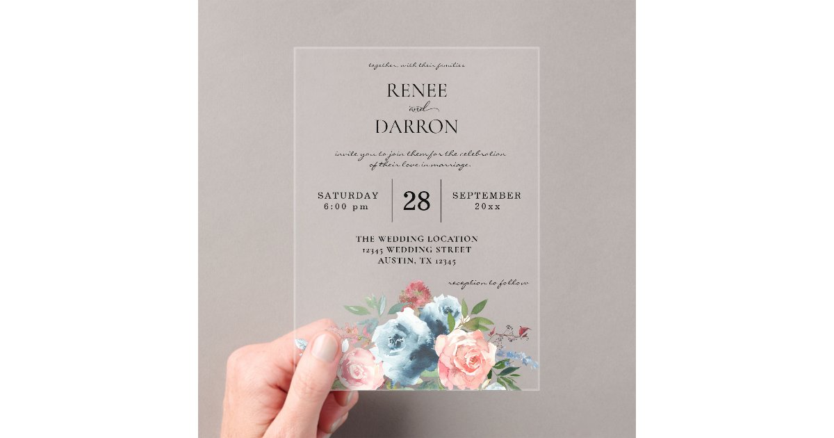 Baby Blue & Blush Pink Floral Wedding Acrylic Invitations | Zazzle
