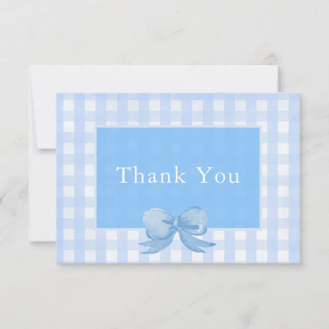 Baby Blue Bow Gingham Thank You Card | Zazzle