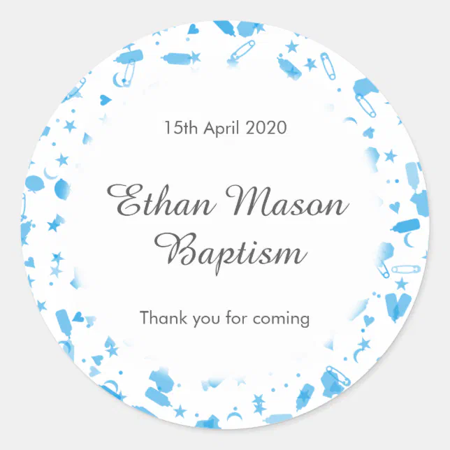 Baby Blue Confetti Baptism Christening Favor Classic Round Sticker | Zazzle