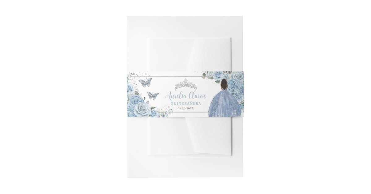 Baby Blue Floral Brown Tan Princess Quinceanera Invitation Belly Band ...