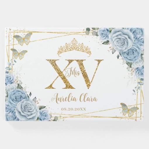 Baby Blue Floral Butterflies Gold Quinceañera XV Guest Book | Zazzle
