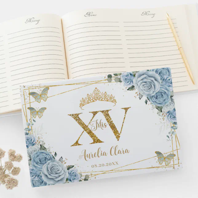 Baby Blue Floral Butterflies Gold Quinceañera XV Guest Book | Zazzle