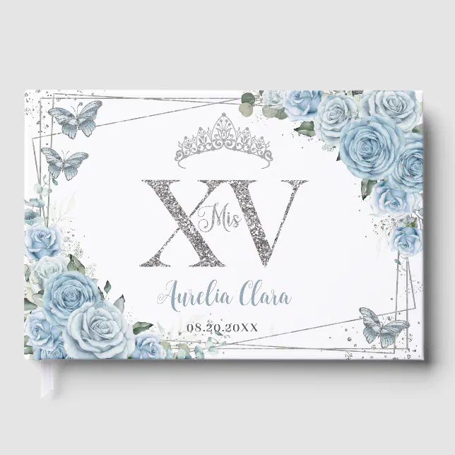 Baby Blue Floral Butterflies Silver Quinceanera XV Guest Book | Zazzle