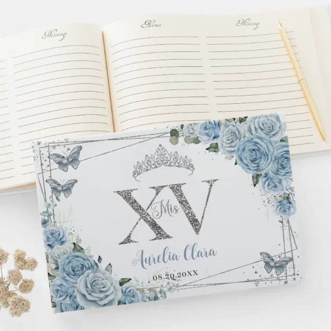 Baby Blue Floral Butterflies Silver Quinceanera XV Guest Book | Zazzle
