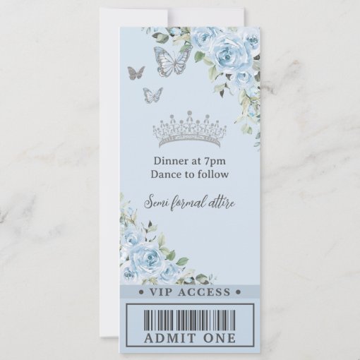 Baby Blue Floral Butterfly Quinceañera VIP Ticket Invitation | Zazzle