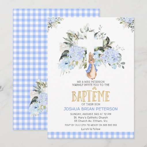 Baby Blue Floral French Peter Rabbit Baptism Invitation | Zazzle