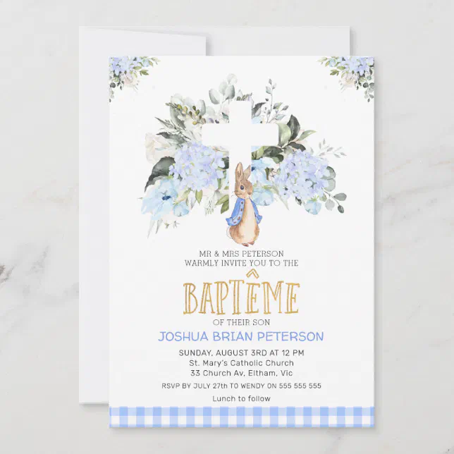 Baby Blue Floral French Peter Rabbit Baptism Invitation | Zazzle