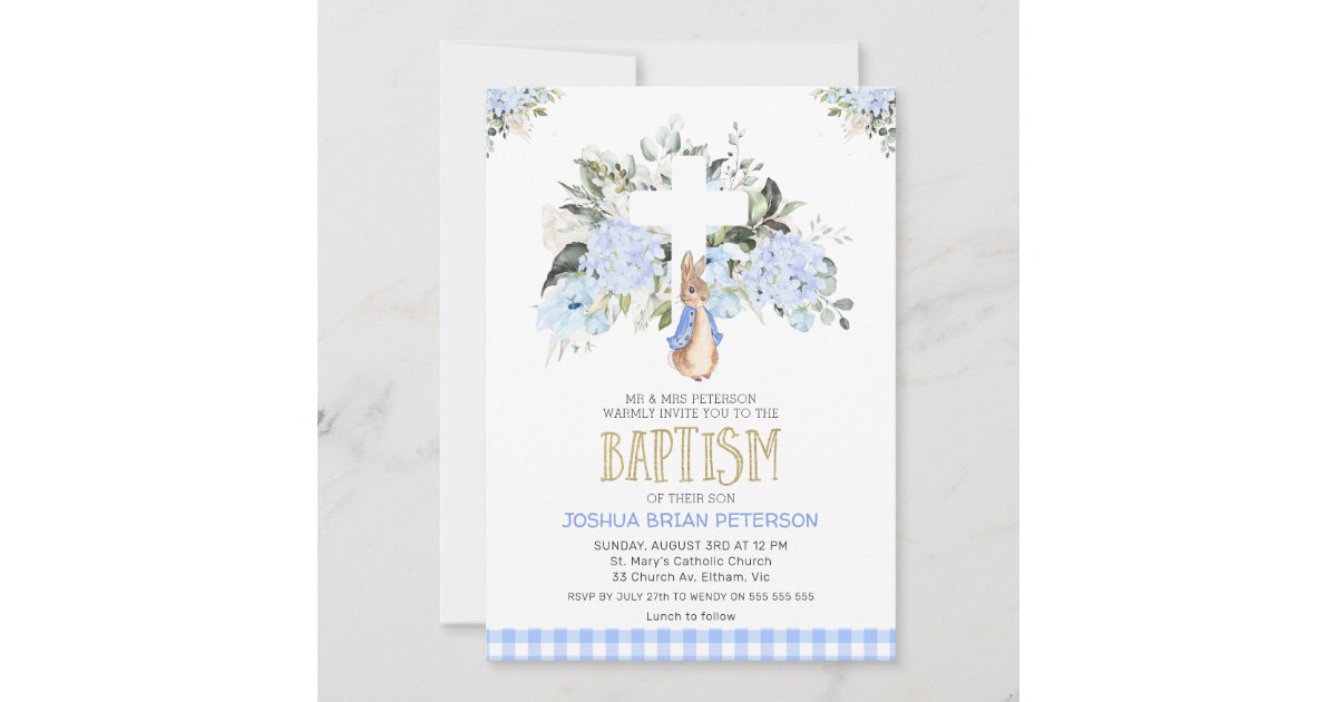 Baby Blue Floral Plaid Peter Rabbit Baptism Invitation | Zazzle