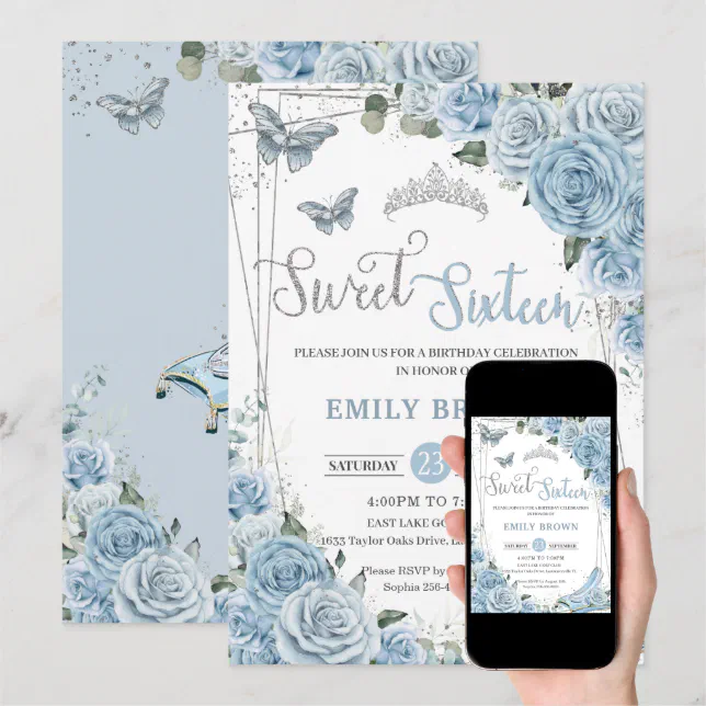 Baby Blue Floral Princess Sweet sixteen 16th Invitation | Zazzle